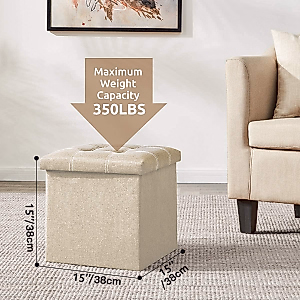 YOUDENOVA 15 inches Storage Ottoman Cube, Foldable Storage Boxes Footrest Step Stool, Padded Seat for Dorm Living Room, Support 300lbs, Line Fabric Beige