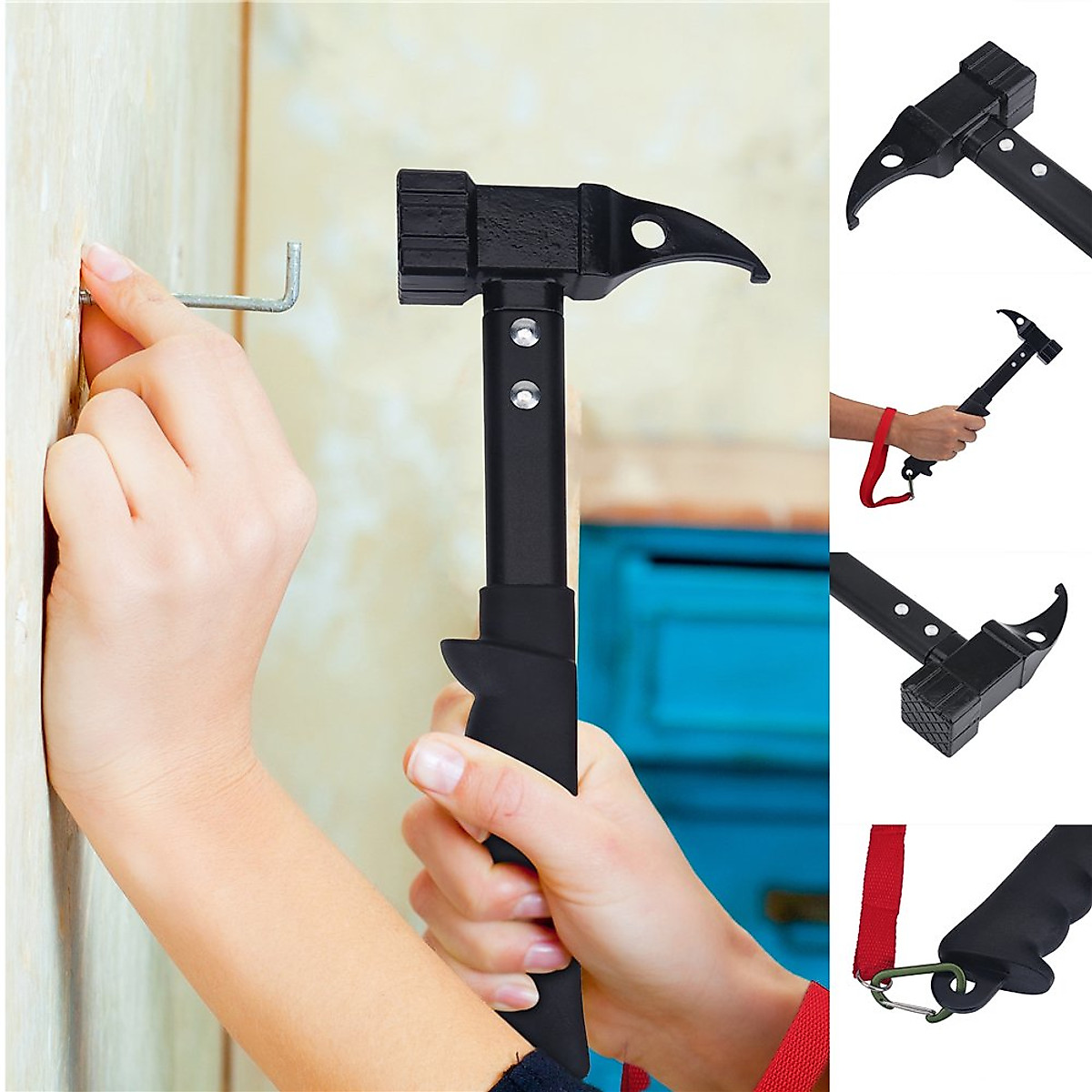 Outdoor Hiking Camping Multi-Function Tent Hammer Stake Remove Mallet, Outdoor Portable Framing Hammer with High Strength Head Rubber Handle, Multi-Function Lanyard Nail & Stake Puller Tent Hammer