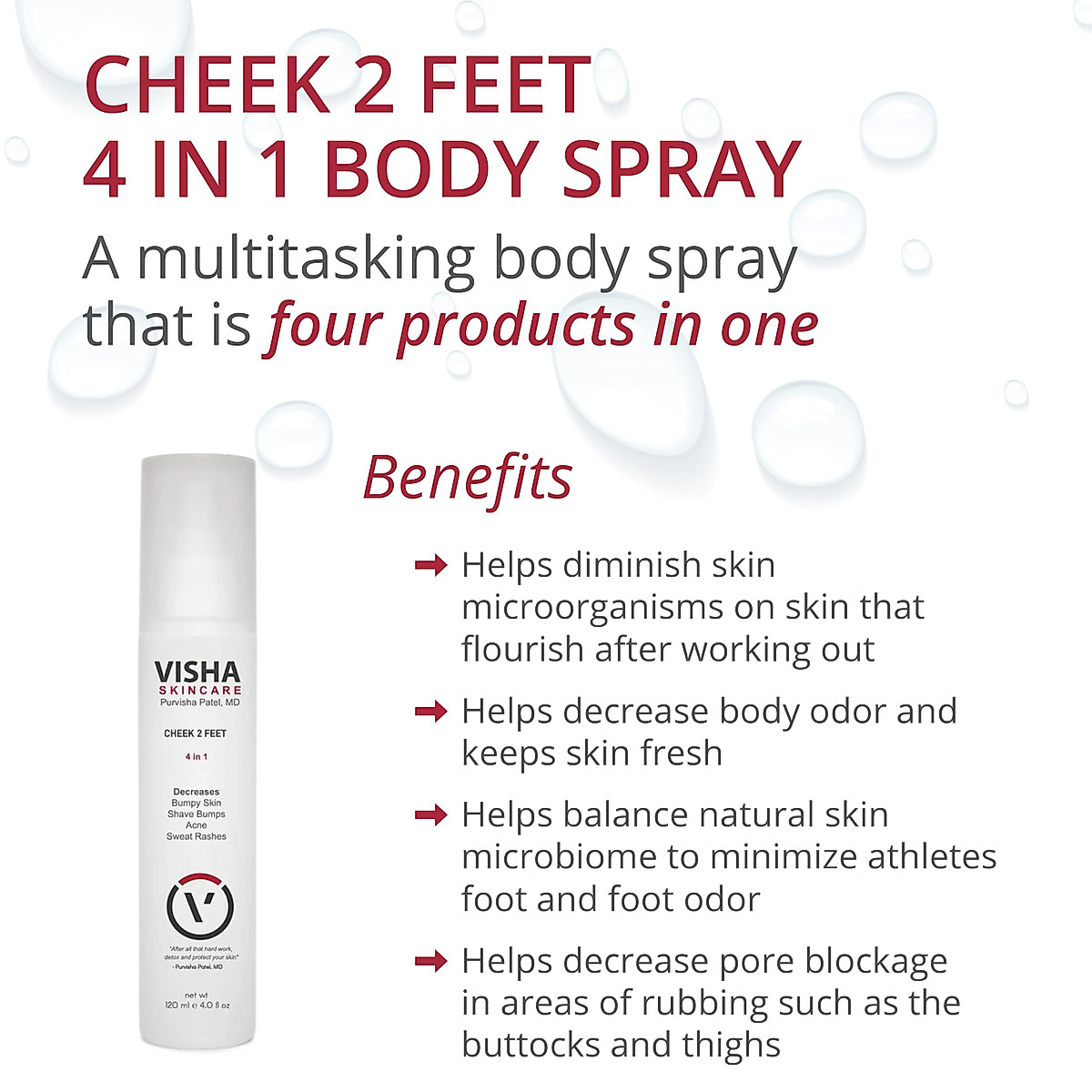 Visha Skincare Cheek 2 Feet 4 in 1 Body Spray for Men and Women, Decreases Bumpy Skin and Shave Bumps, Blemishes and Sweat Rashes, Aluminum Free Deodorizing Mist for Daily Use and After Workout 4fl oz