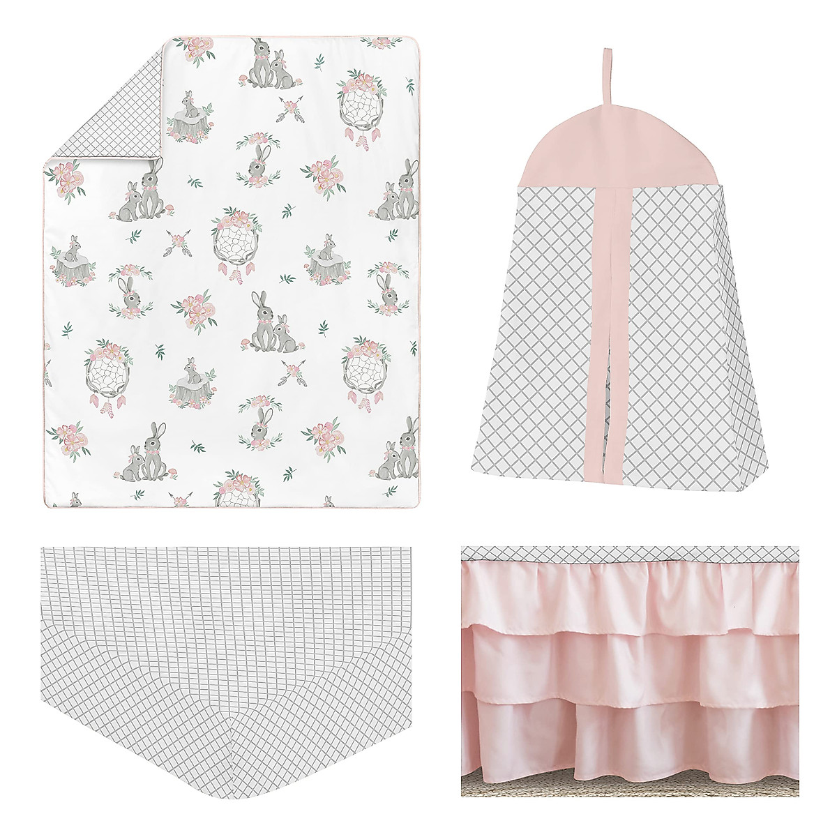 Sweet Jojo Designs Blush Pink and Grey Woodland Boho Dream Catcher Arrow Gray Bunny Floral Baby Girl Nursery Crib Bedding Set - 4 Pieces - Watercolor Rose Flower