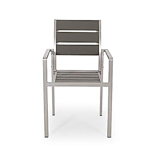 Belle Outdoor Modern Aluminum Dining Chair with Faux Wood Seat (Set of 2), Gray and Silver