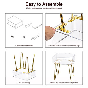 HMYHUM Small Acrylic Nightstand with Metal Legs, 15.6'' L x 11.6'' W x 19.5'' H, Bedside Table for Small Spaces for Bedroom, Easy Assembly, Modern, Clear & Gold