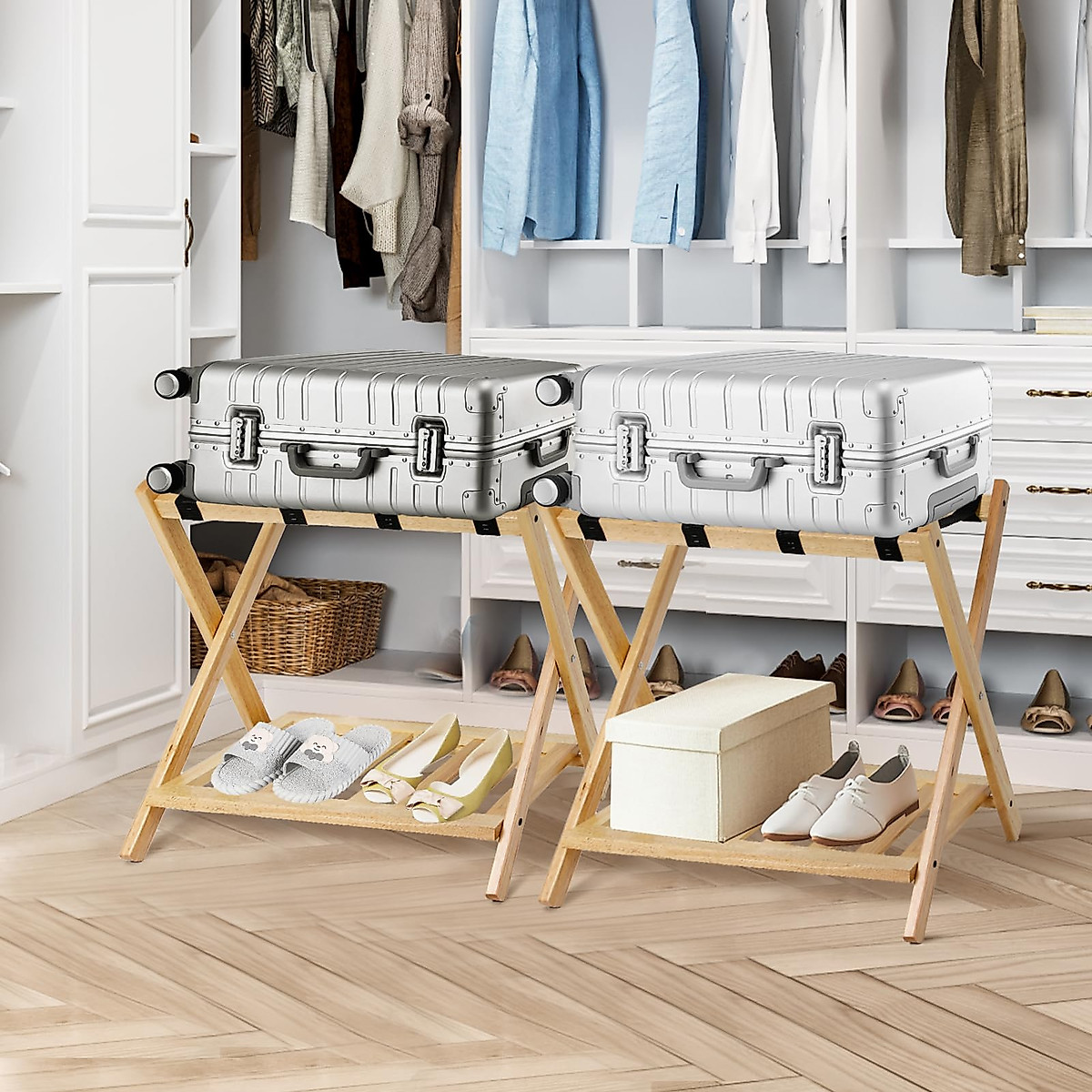 Babion Folding Luggage Racks with Shelf, Wooden Suitcase Stand, 2 Tier Foldable Luggage Racks with Heavy Duty Nylon Belts, Suitcase Bag Holder for Bedroom Guest Room, 4 Pack