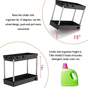 2- Tier Shelf Under Sink Organizer, Roll Out Under Sink Storage with 4 Hooks & 4 Anti-Slip Pads, Easy to Assemble, Suitable for Kitchen, Bathroom and Laundry (1 Pack, Silver)