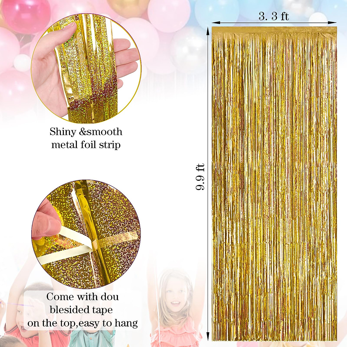 Wrbin Gold Laser Tinsel Curtain Backdrop, 3 Packs of 3.3 X 8.2 Feet Foil Fringe Curtains Party Decorations for Graduation Birthday Studio Baby Shower