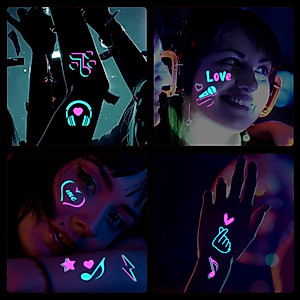 Konsait Glow in The Dark Temporary Tattoos for Kids Adults,10 Sheet Neon Music Party Body Face Tattoos Waterproof Fake Tattoos Stickers for Boys Girls Women Birthday Gifts Glow Party Favor Supplies