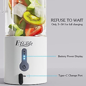 Small Blender, ETGlife Small Blender for Shakes and Smoothies, 18.5 Oz Travel Cup Design, 6 Blades & 150W Power Portable Blender with USB C Rechargeable, Perfect for Travel, Office, Gym & School