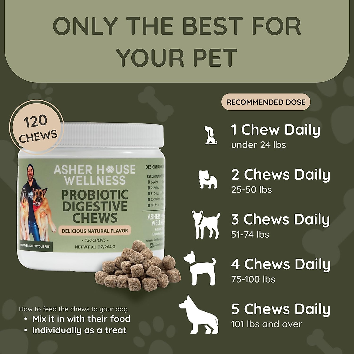 Asher House Wellness Probiotics Digestive Chew for Dogs - Dog Probiotic, Digestive Enzymes for Gut Health & Digestion - Pet Chews for Diarrhea, Upset Stomach, Allergies, Itchy Skin Relief, 120 Chews