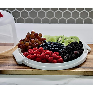 Top Shelf Elements Round Cake Carrier Two Sided Cake Holder Serves as Five Section Serving Tray, Portable Cake Stand Fits 10 inch Cake, Cake Box Comes with Handle, Cake Container Holds Pies (White)