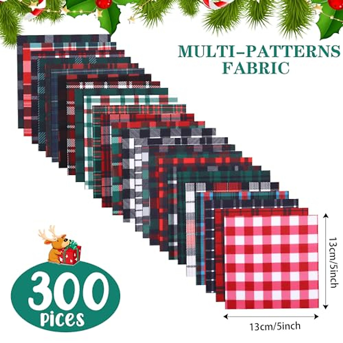 Preboun 300 Pcs 5 x 5 Inches Christmas Plaid Buffalo Check Fabric 25 Styles Buffalo Plaid Fabric Squares Polyester Fabric Scraps Quilting Squares for DIY Christmas Sewing Quilting Patchwork