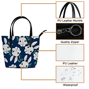 Blue Navy Blue Cute Kawaii Cartoon Animal White Bunny Tote Bag for Women Leather Handbags Women's Crossbody Handbags Work Tote Bags for Women Coach Handbags Tote Bag with Zipper.