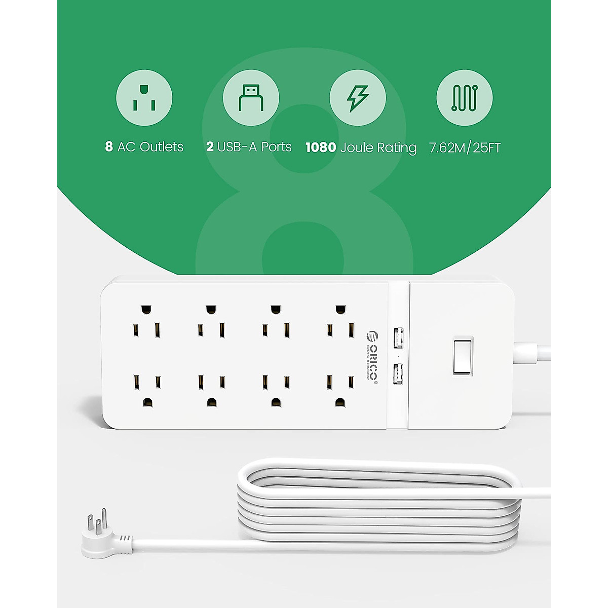 Power Strip Surge Protector, ORICO 25FT Extension Cord with USB Ports, 8 Outlet & 2 USB Flat Plug Power Strip, 15A Circuit Breaker(1850W/15A), Wall Mount for Home, Office, Hotel, ETL Listed-White