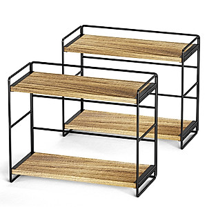 SRIWATANA Kitchen Countertop Organizer Set of 2, Bathroom Counter Shelf Spice Rack Sink Countertop Storage Desktop Large Wood Shelf - Carbonized Black