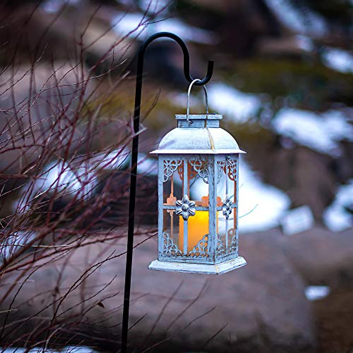 Solar Lantern Outdoor Hyacinth White Decor Antique Metal and Glass Construction Mission Solar Garden Lantern Indoor and Outdoor Solar Hanging Lantern Entirely Solar Powered Lantern of Low Maintenance