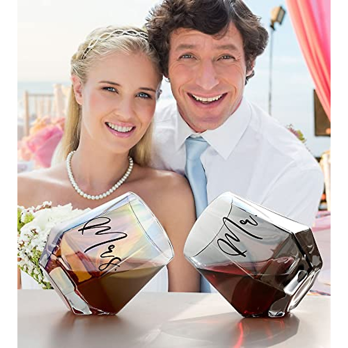 FONDBLOU Wine Glasses Gifts for Mr and Mrs, Wedding Gifts for Bride and Groom, Gifts for Bridal Shower Newlywed Engagement and Anniversary, Couples Gifts for Husband & Wife(12oz*2 Glass)