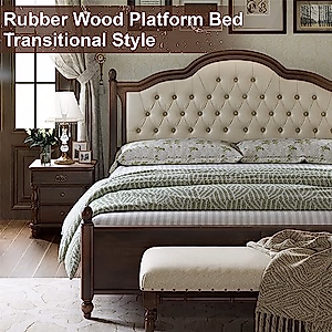 AMERLIFE Solid Wood Bed Frame Queen Size, Transitional Platform Bed with 52.5" Upholstered Tufted Headboard, Rubberwood/Roman Column Accents/Wood Slat Support/No Box Spring Needed