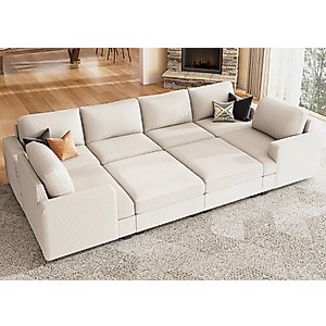 Nolany Modular Sectional Couch with Storage Ottoman, Corduroy Sectional Sleeper Sofa with Chaise, Sectional Couches for Living Room, Beige