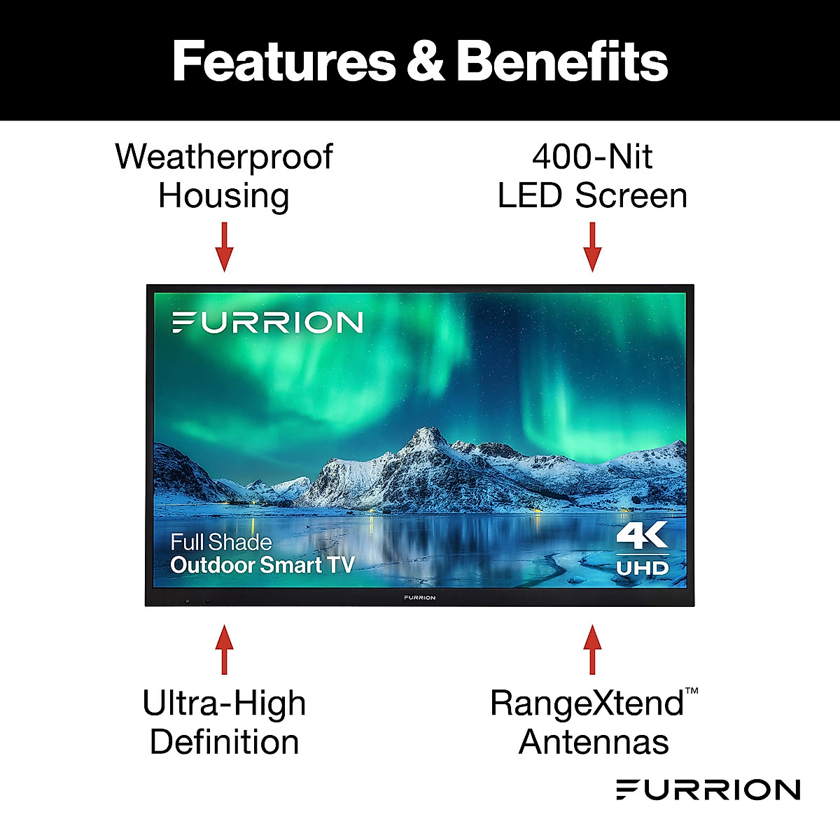 Furrion Aurora 55-Inch Full-Shade 4K LED Outdoor Smart TV - Weatherproof Outdoor Television w/ HDR10, Anti-Glare, 400-Nit LED Screen, Impact-Resistant Screen, External Antenna for Shaded Outdoor Areas
