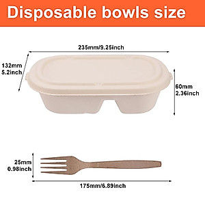 50Pcs Disposable Bowls with Lids and Forks,2 Compartment Paper Pulp Compostable Food Storage Container,Biodegradable Disposable Bowls Leakproof and Microwave Safe,for Hot/Cold Use