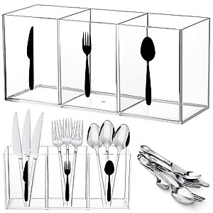 Suzile Acrylic Cutlery Storage Organizer Bin Clear Silverware Caddy Countertop Knife Spoon and Fork Holder Kitchen 3 Section Tableware Storage Box for Cabinet Indoor Outdoor Home Flatware Dining Room