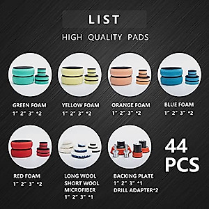 CARROAD 44pcs Drill Buffing Pad Detail Polishing Pad Mix Size Car Detailing Kit with 5/8-11 Thread Backing pad & Adapters for Buffer Polisher Car Sanding, Polishing, Waxing, Sealing Glaze