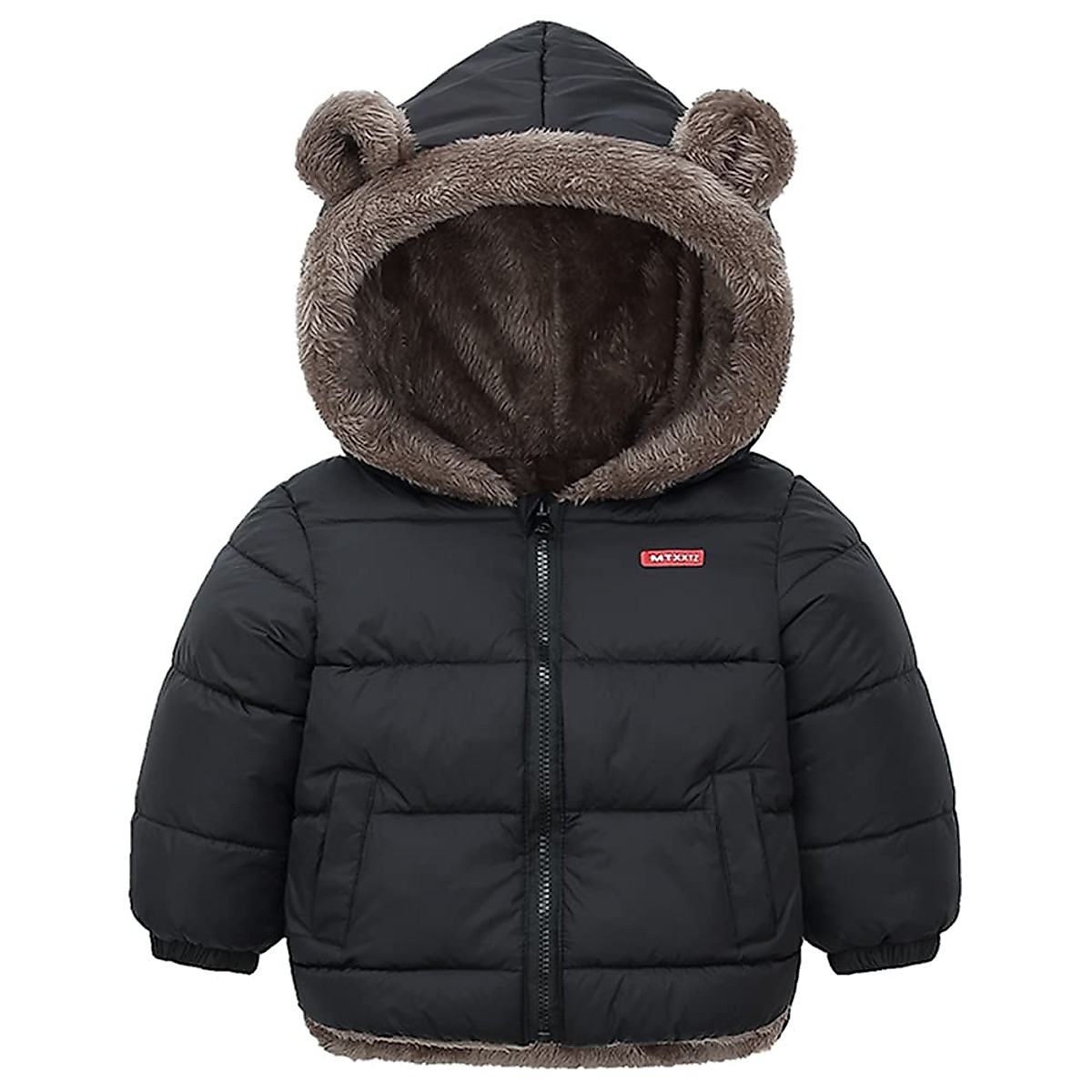 Baby Boys Girls Winter Coat Cute Bear Ear Hooded Jacket Warm Fleece Outerwear Windproof Zipper Infant Toddler Black 12-18M