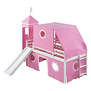 Pink Twin Size Loft Bed with Slide, Windows and Tent, Safe Playhouse Design with Guardrails and Ladder, No Box Spring Required, Perfect for Kids Bedrooms, Pink