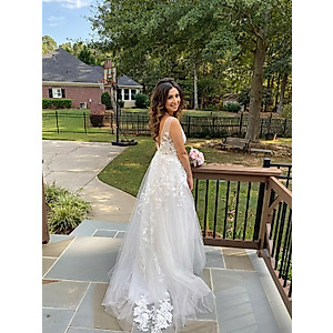 Tsbridal Women Wedding Dresses A-line V-Neck Tulle Lace Backless Boho Wedding Gown Bridal Dresses Ivory US 14-1