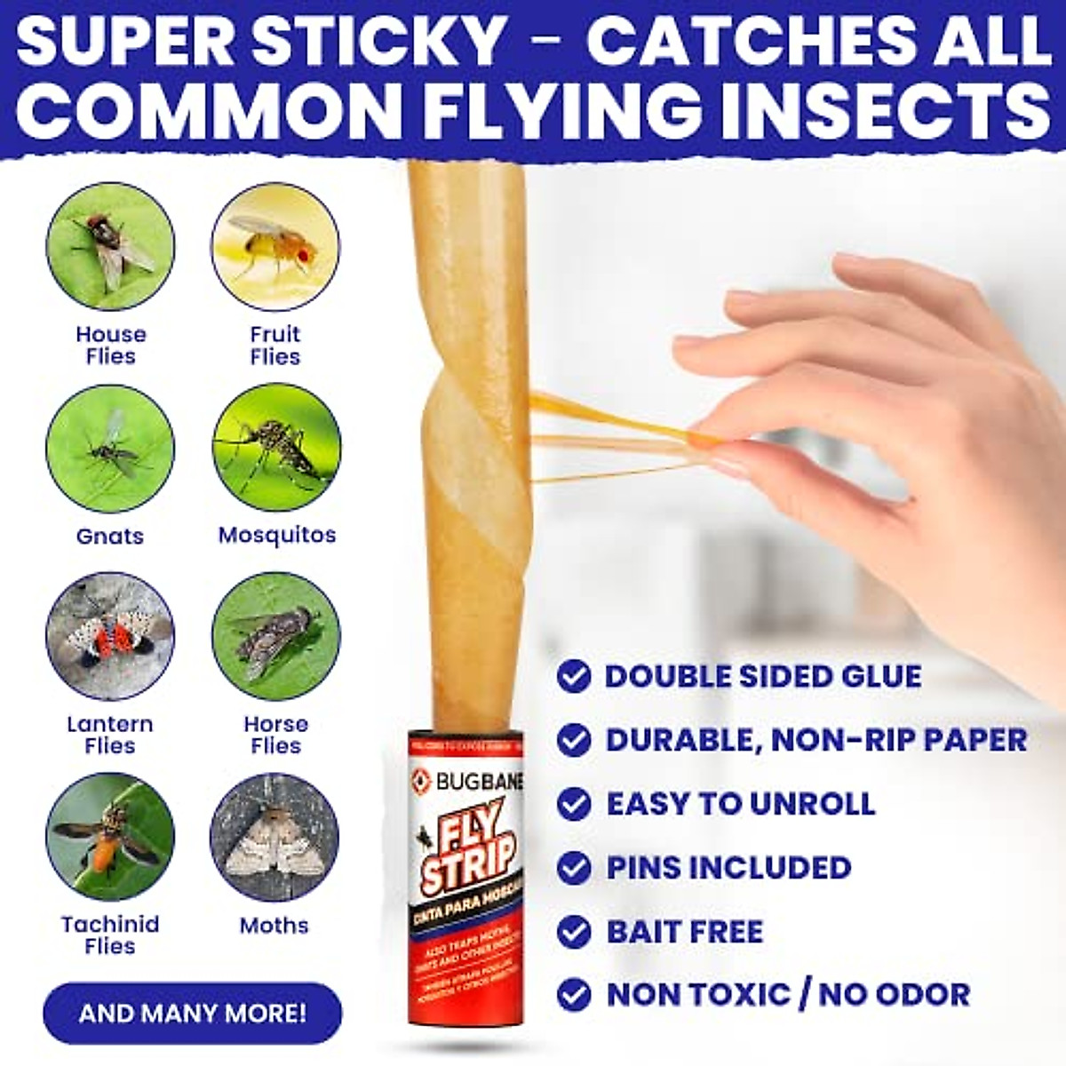 24 Fly Strips Indoor Sticky Hanging with Pins. Paper Tape for Indoors and Outdoor. Catcher Ribbon Traps Flypaper. Fruit Gnat
