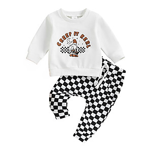 Toddler Baby Boy Halloween Outfit Ghost Print Sweatshirt Tops Checkerboard Pants Set Cute Infant Newborn Fall Clothes (White, 12-18 Months)