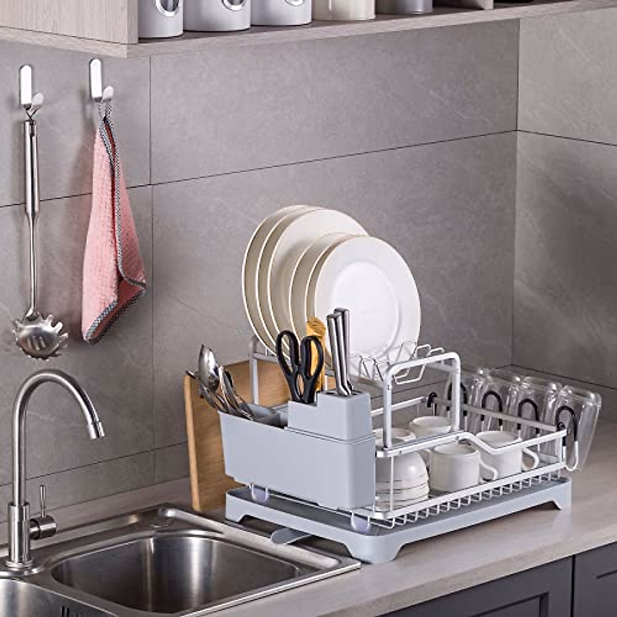 Panchydor Dish Rack,Aluminum 2 Tier Silver Large Dish Drainers for Kitchen Counter,One-Step Installation Automatic Draining Dish Rack with Cup Holder,Utensil Holder,Cutting Board Holder,Two Hooks