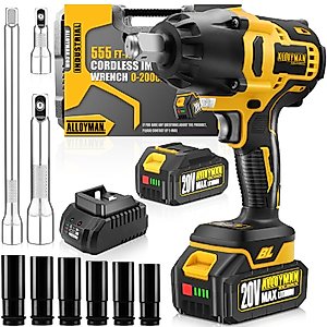 Alloyman 1/2 inch Impact Wrench Cordless, Max Torque 555 Ft-lbs Battery Impact Wrench 20V Brushless Motor 2000 RPM, with 6 Sockets, 3 Extension Bars, 4.0 AH Li-ion Battery and 1 Hour Fast Charge