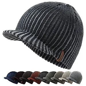 zowya Brim Beanie Hat for Men & Women Warm Winter Skully Cap Daily Visor Beanie Thick Billed Hats Winter Hats with Brim Vintage Acrylic Contrast Color (Grey)