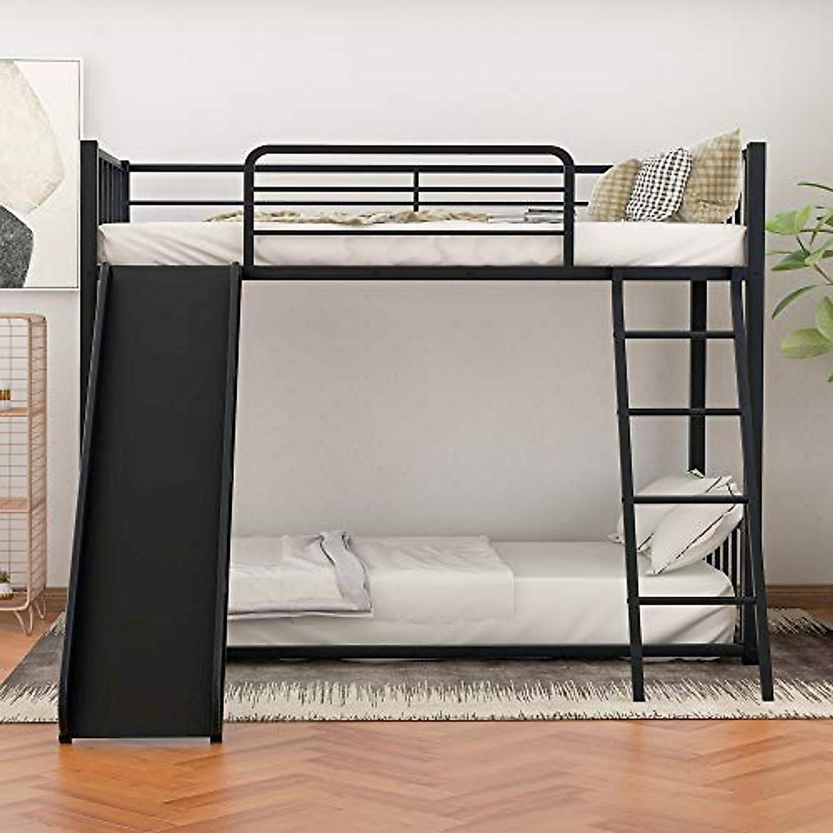 Harper & Bright Designs Twin Over Twin Metal Bunk Bed with Ladder and Slide, Heavy Duty Bed Frame with Safety Guard Rails, White