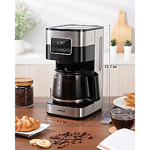 KIDISLE Programmable Drip Coffee Maker with Regular & Strong Brew, Warming Plate, 10 Cup Small Coffee Machine with Touch Screen, Glass Carafe and Reusable Filter for Home and Office, Stainless Steel
