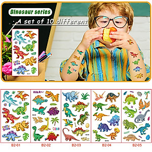 10 Sheets(120PCS) Dinosaur Temporary Tattoos for Kids Cartoon Fake Tattoo Stickers Cute Dinosaur Egg Tree Leaf Design Waterproof Body Art Tattoo Sticker for Kids Birthday Party Decoration Supplies