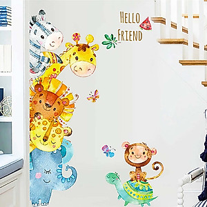 HILUCK Wall Door Stickers Decals Decoration Cartoon Cute Animals Tree Giraffe Horse Lion Elephant Turtle Monkey Deer Jungle Safari Woodland Removable For Children Boy Girl Kids Baby Bedroom Wardrobe Baby Nursery Wall Decor
