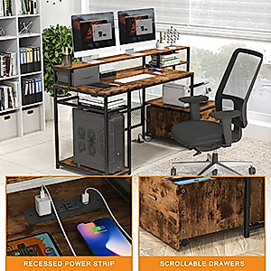 AYEASY Home Office Desk with Monitor Stand Shelf, 66 inch Large Computer Desk with Power Outlet and USB Charging Port, Computer Table with Storage Shelves and Drawer, Study Work Desk, Rustic Brown