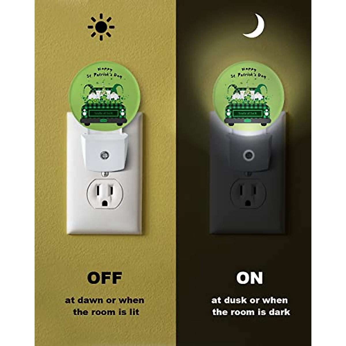 St.Patrick Day Gnomes Truck Night Lights Plug into Wall, Buffalo Plaid Green Shamrocks Auto Round LED Lights with Dusk to Dawn Sensor for Bedroom, Bathroom, Hallway, Kitchen, Kids, Home Decor