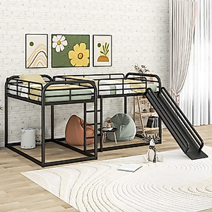 DHPM L Shaped Bunk Bed for 4, Bunk Bed with Slide, Heavy-Duty Metal Floor Bunk Bed Frame Full and Twin Size for Kids Teens Girls Boys