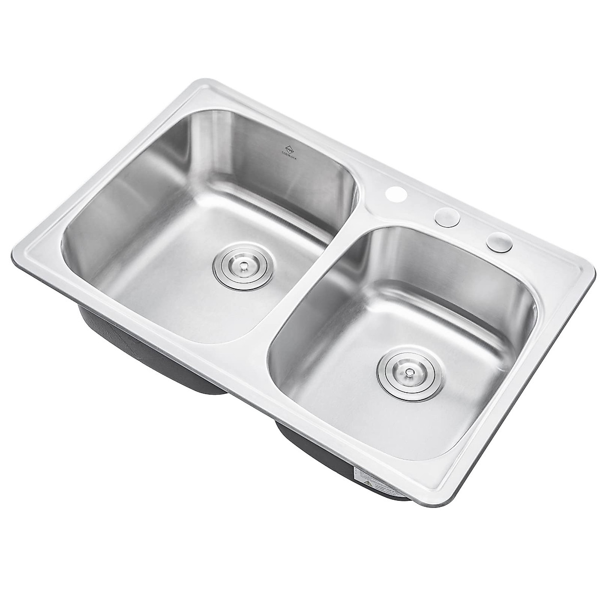 CozyBlock 33 x 22 x 9 Inch 60/40 Offset Top-mount/Drop-in Stainless Steel Double Bowl Kitchen Sink with Strainer and Protective Bottom Grid - 18 Gauge Stainless Steel-3 Faucet Hole