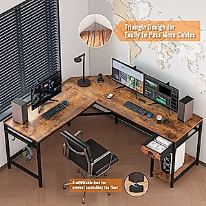 Furologee L Shaped Computer Desk with Drawer and Shelves, 59"Large Corner Desk with 2 Hooks, Gaming Desk Modern Office Desk Writing Study Table Workstation for Home Office, Space-Saving, Rustic Brown