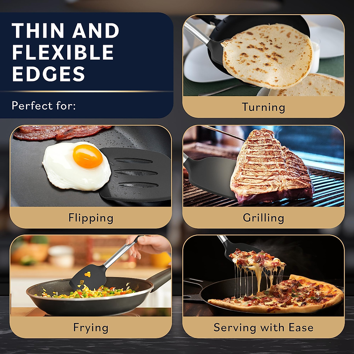 Home Hero Silicone Spatula Set with Ergonomic Handles - Stainless Steel High Heat Resistant Solid & Slotted Turner, BPA Free Non Stick Kitchen Utensils Set - Rubber Spatula for Eggs (Black)