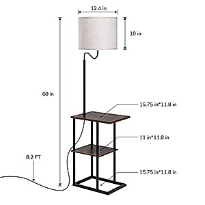 EDISHINE Floor Lamp with Table, Modern Side Table with Built-in Lamp, Reading Shelf Floor Lamp with Linen Shade, Narrow Nightstand with Shelves for Living Room, Bedroom, Office, Den