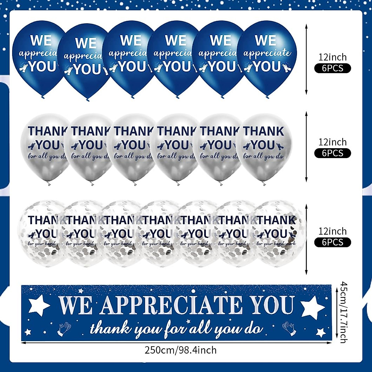 We Appreciate You Decorations Blue Silver Appreciate You Banner with 18 pcs Balloons Thank You Yard Sign for Teacher Employee Staff Poaster Doctors Nurse Volunteer Appreciation Week Party Decor