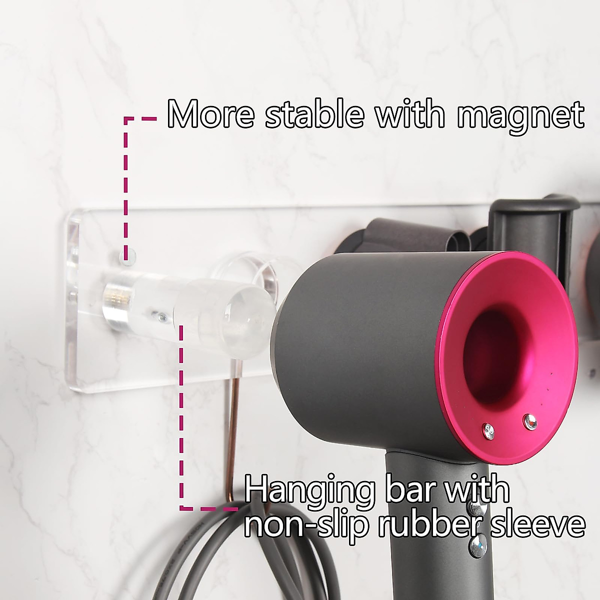 Floatant Wall Mount Hair Dryer Holder Compatible with Dyson Supersonic, Hair dryer holder, Acrylic Attachments Organizer with Hooks for Accessories Nozzles, Wide-Tooth Comb, Diffuser (Transparent)