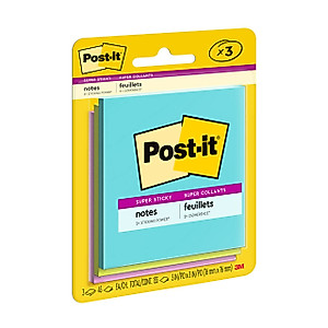 Post-it Super Sticky Notes, 3x3 in, 3 Pads, 2x the Sticking Power, Supernova Neons, Bright Colors, Recyclable (3321-SSMIA)