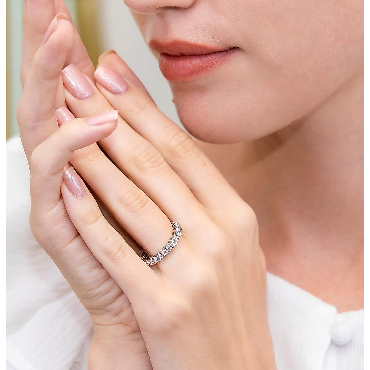 Hoops & Loops Sterling Silver Cubic Zirconia 5x3mm Oval-cut Eternity Band Ring