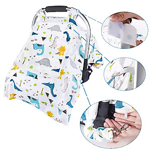 SJEhome Car seat Covers for Babies boy Girl,Light Weight Muslin,Carseat Canopy for Newborn Infant Carrier,2 Layers Windows of Mesh/Fabric,Fit All Baby Car Seat,Dinosaur