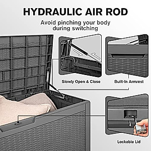 JUMMICO 100 Gallon Large Resin Deck Box Waterproof Outdoor Indoor Storage Box Imitation Rattan Storage Lockable Container for Garden Pool Cushions Patio Furniture (Gray)